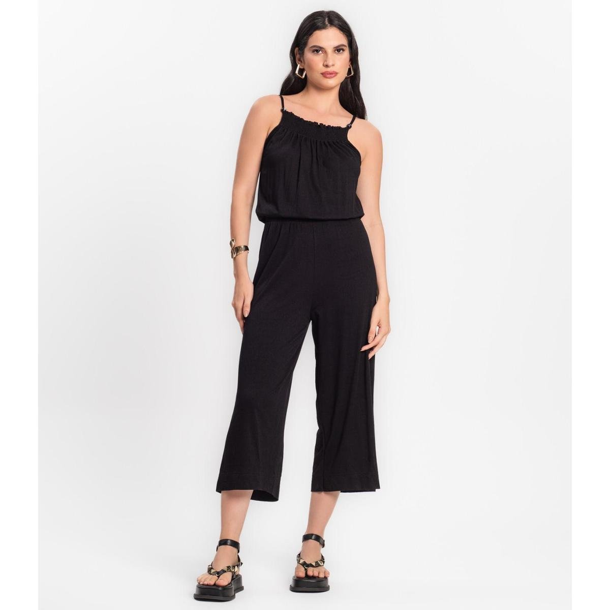 Macacão Pantacourt Em Visco Maquinetada Endless Preto - Preto | Netshoes