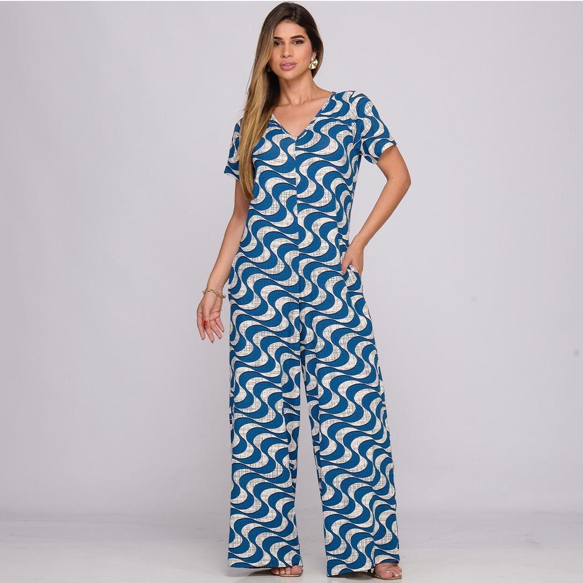 Macacão Pantalona M/C Bolsos B’Bonnie Esther Est Azul - Estampado ...