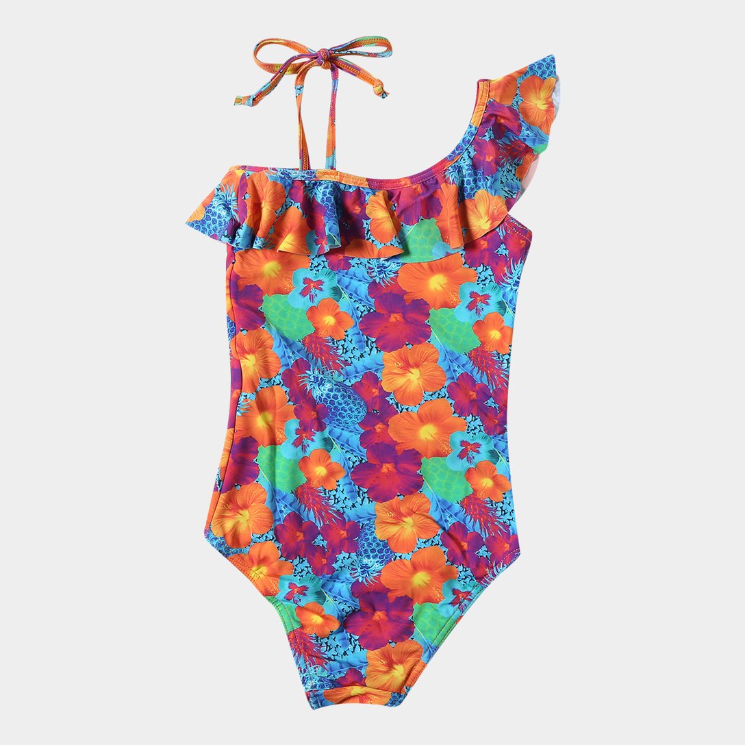 Maiô Infantil Tip Top Floral Babado Amarração Laranja Netshoes
