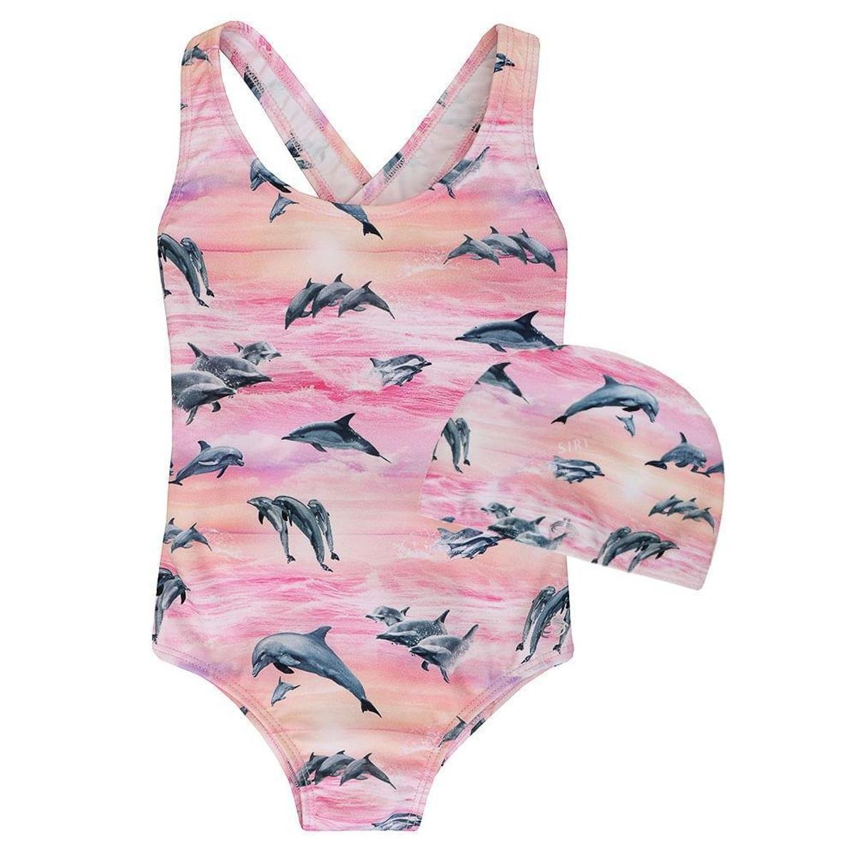 Maiô Kids Valentina com Touca Estampa Golfinhos - Rosa | Netshoes