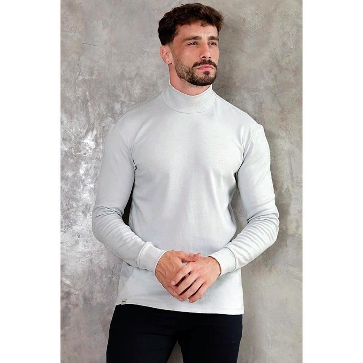 Manga Longa Gola Alta Masculina Suedine Gola Role Slim Fit - Cinza ...