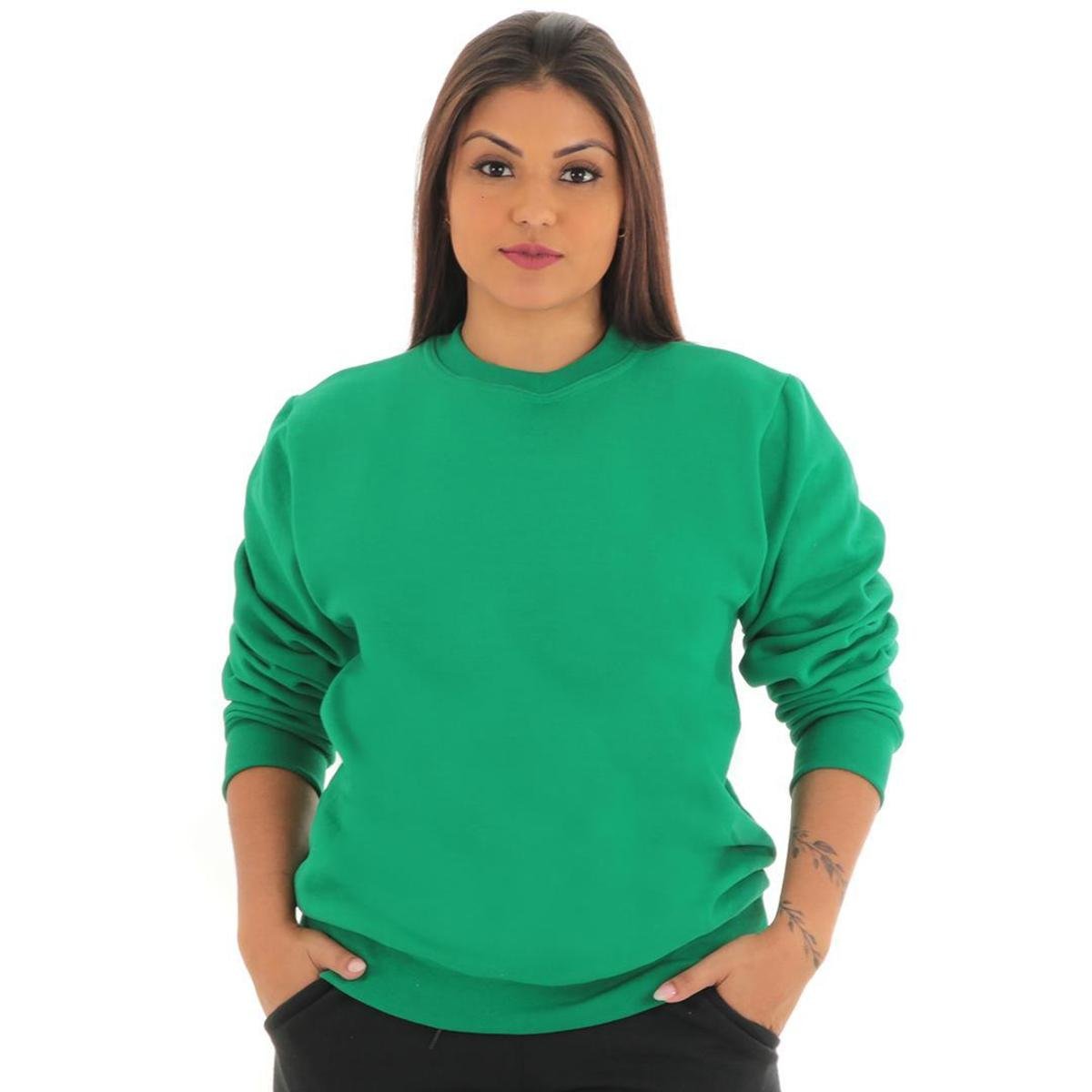 Moletom Feminino Flanelado Por Dentro Gola Careca Liso - Verde | Netshoes