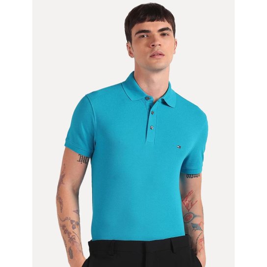 Polo Tommy Hilfiger Masculina Slim Piquet 1985 Surf Azul Bondi - Azul ...