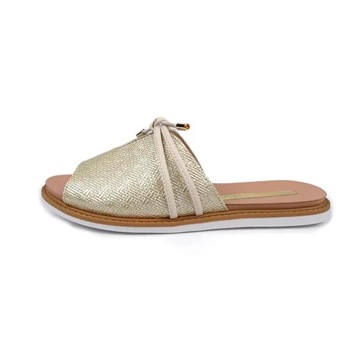 Rasteira Feminina Moleca com Textura e Tiras Preto - Dourado | Netshoes