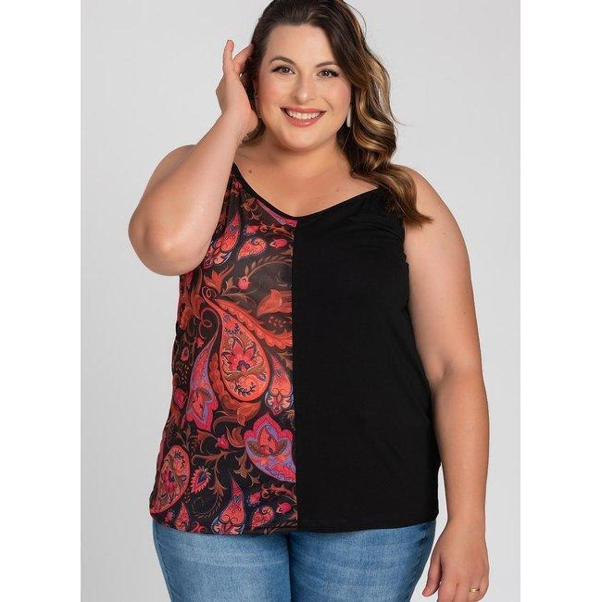 Regata Feminina Plus Size Visco Sublimado Lateral - Serena - Preto ...