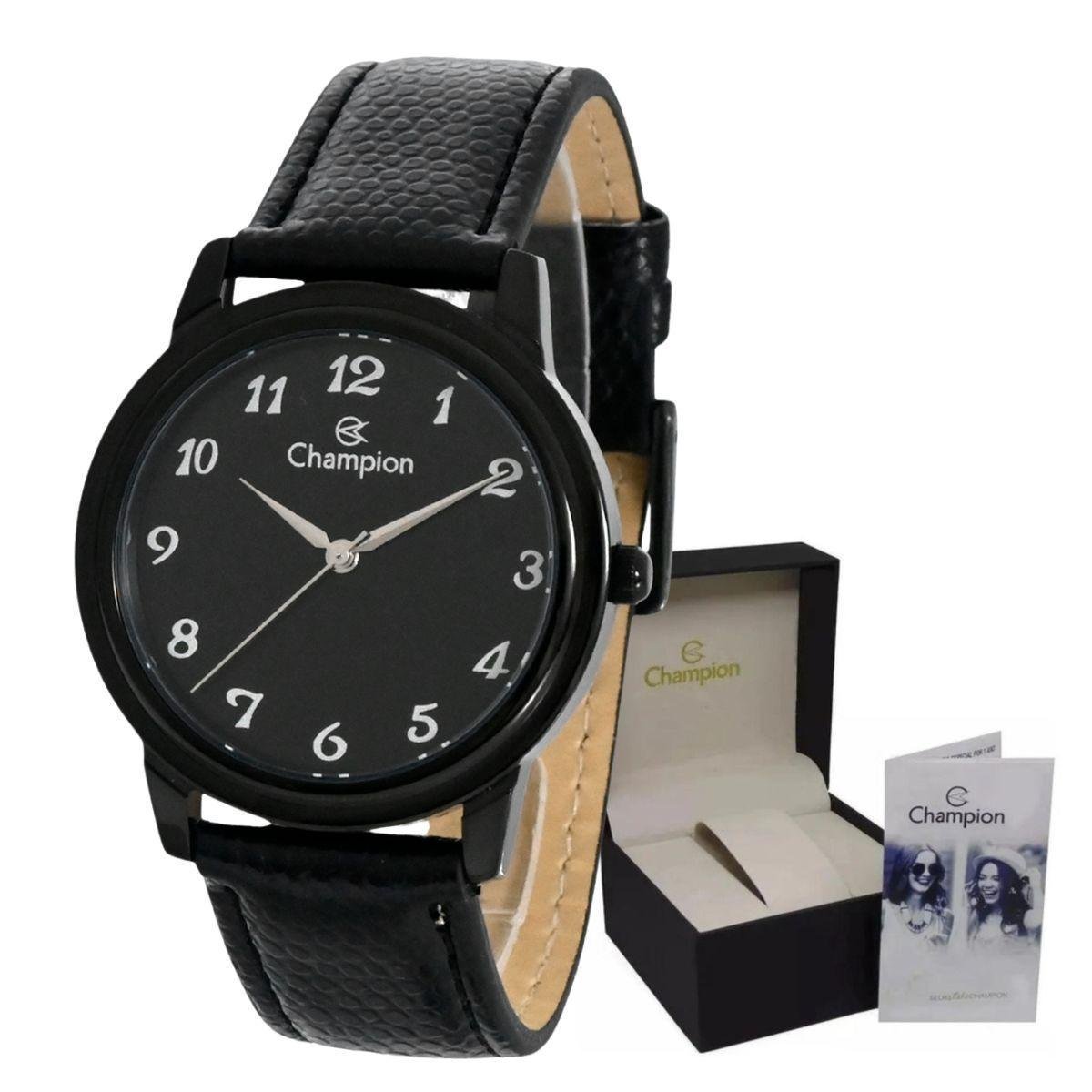 Relógio Couro Masculino de Pulso Resistente Original Champio - Preto ...