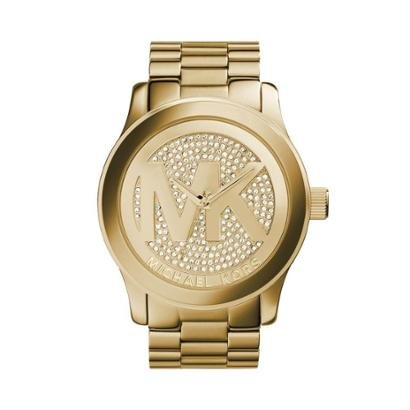 Relógio Feminino Mk5706 Logo Cristais Dourado Oversized Lacrado ...