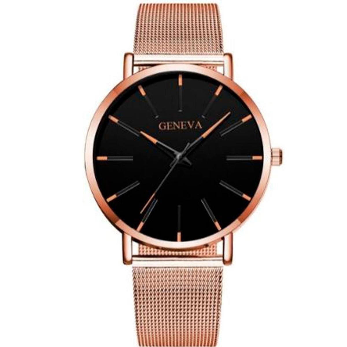 Relógio Feminino Preto Tendencia Analógico Fino Malha Luxo - Preto ...