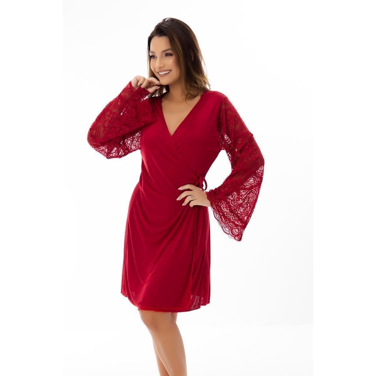 Robe Manga Longa Rendado Feminino Luxo Roupão Lingerie - Rubi | Netshoes