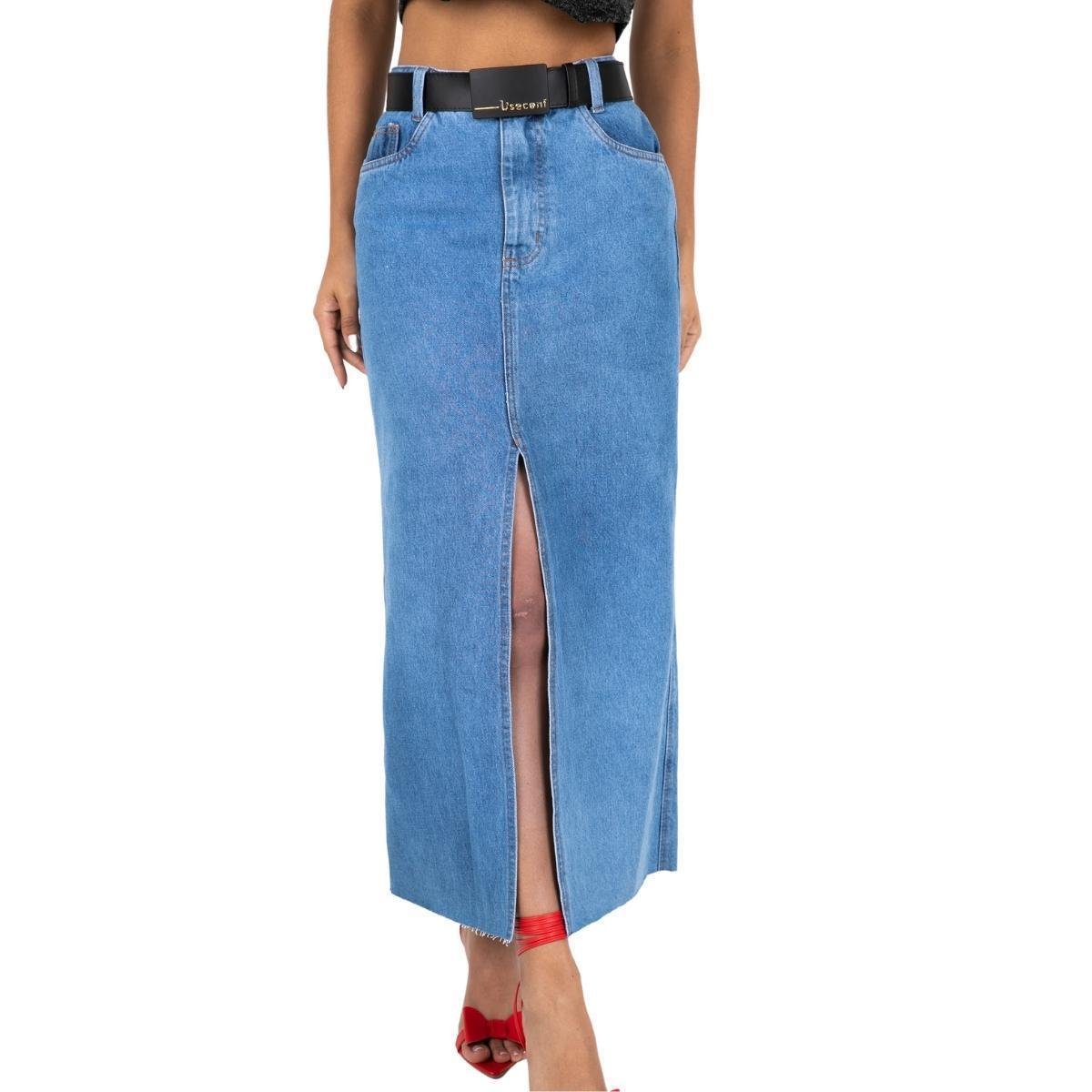 Saia Jeans Midi Cintura Alta Com Cinto Preto Arrumado - Azul | Netshoes
