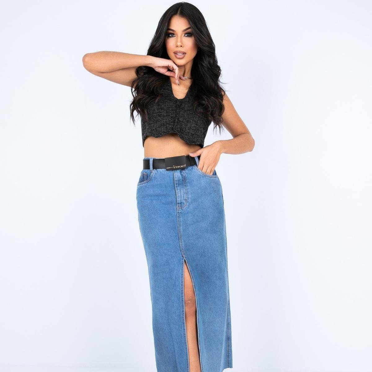 Saia Jeans Midi Cintura Alta Com Cinto Preto Arrumado - Azul | Netshoes