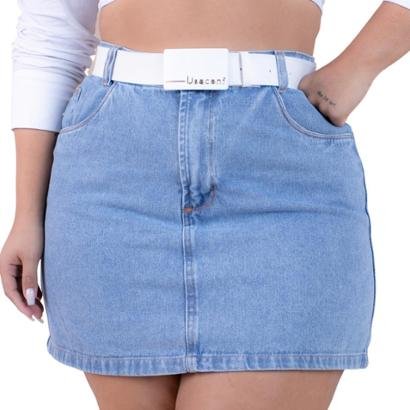 Saia Jeans Plus Size Lisa Barra Feita Com Cinto Branco Moda - Azul ...
