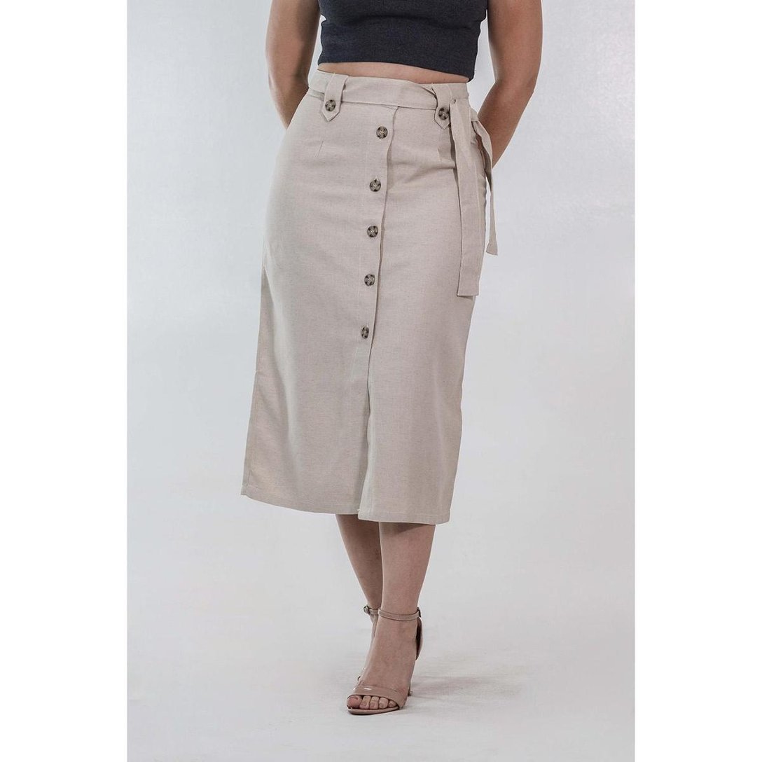 Saia Midi Linho Bege Botões Fenda Cinto Anticorpus - Jeans | Netshoes