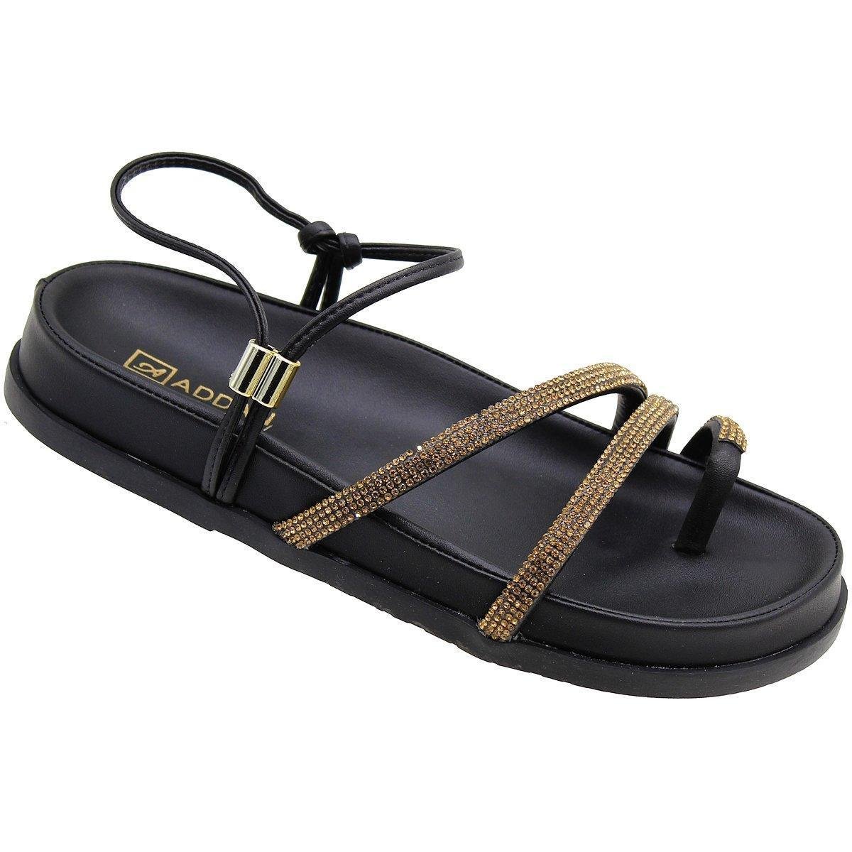Sandália Addan Soft Tiras Pedrarias Plataforma Baixa Feminina - Preto ...