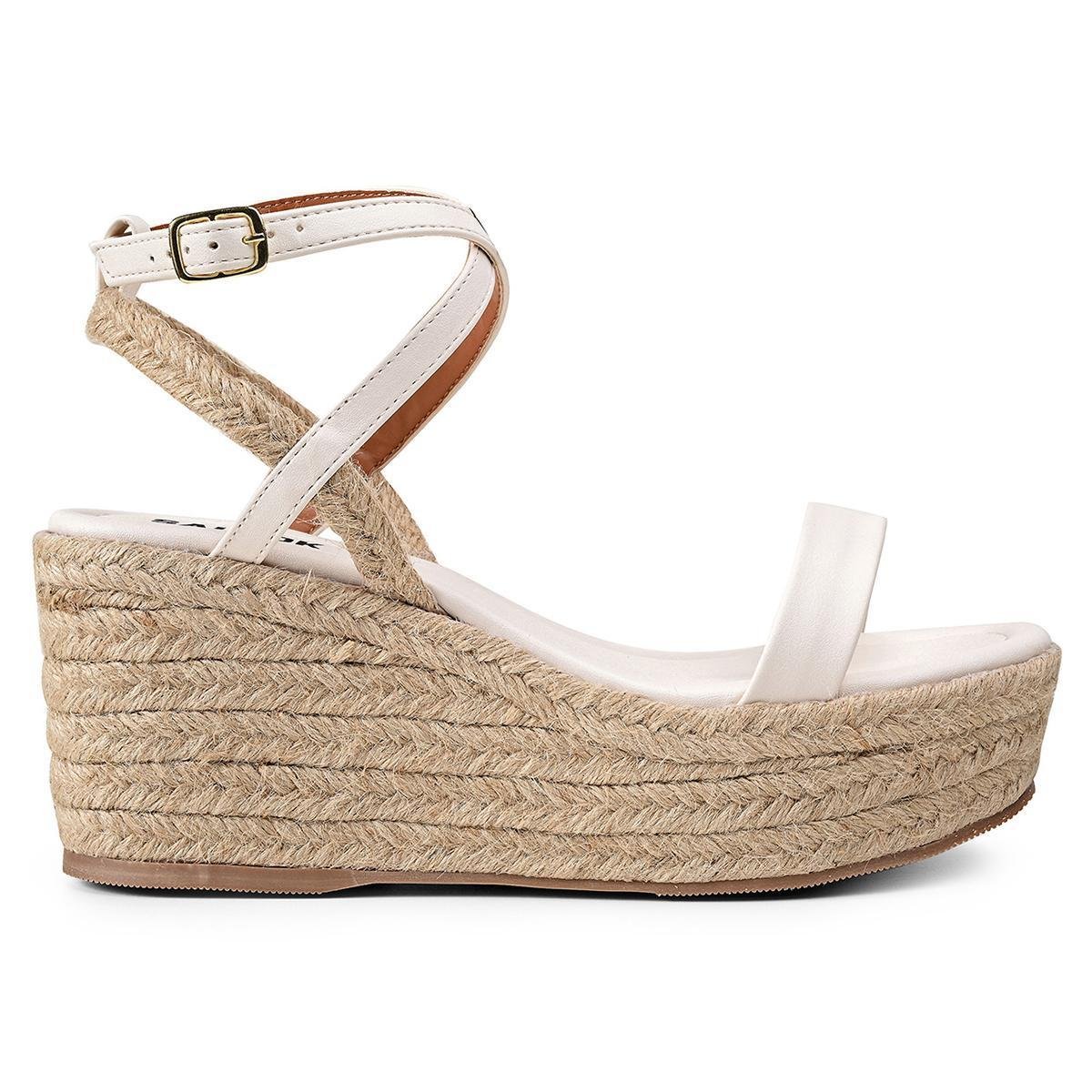 Sandália Anabela Plataforma Tiras em Juta Salto Médio - Branco | Netshoes