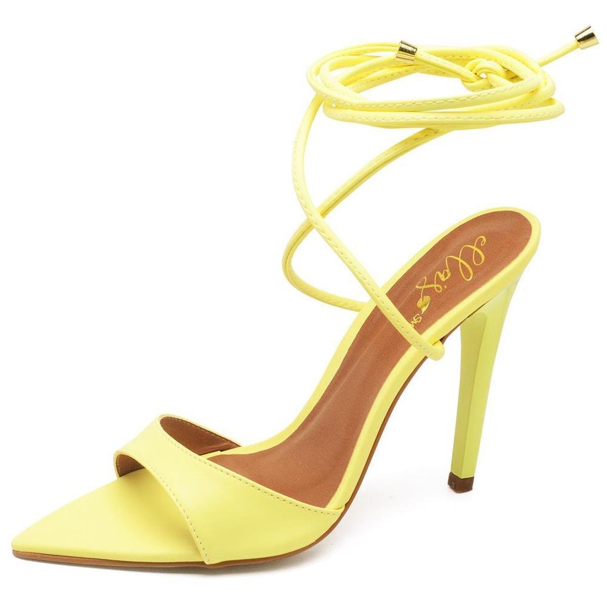 Sandália Bico Folha Salto Alto Amarração Ellas Online Amarelo - Amarelo ...