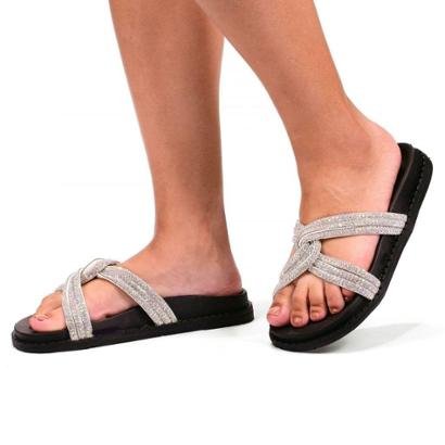 Sandália Click Shoes Com Strass Transpassado Brilhante Feminina - Preto ...