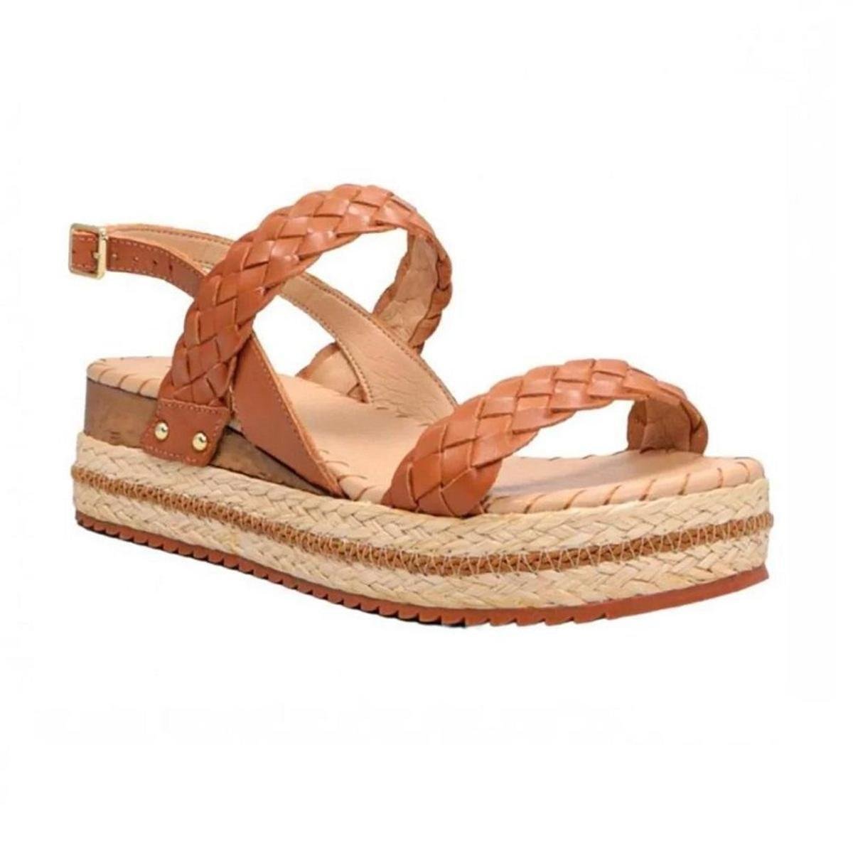 Sandália Fem Bottero Couro Plataforma Palha Trançada Canela 352603-18 ...