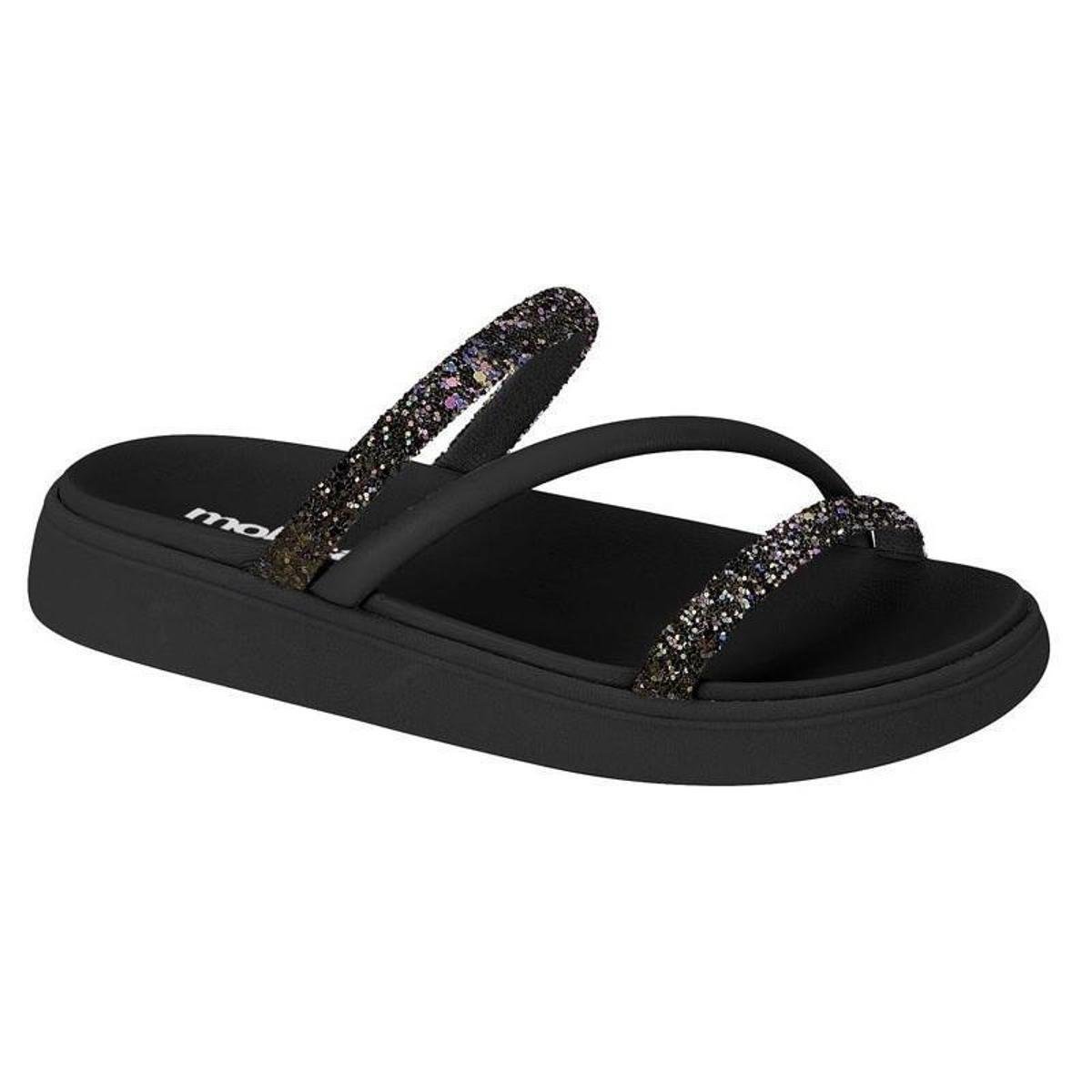 Sandália Moleca Flatform Tiras Glitter 5469 121 Slide Leve - Preto ...