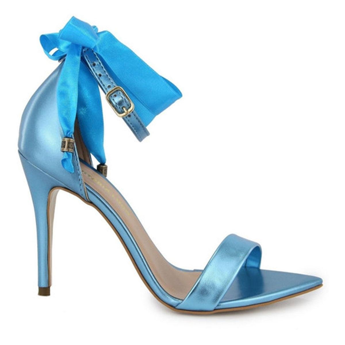Sandália VL Cetim Metalizada Bico Folha Salto Fino 10cm - Azul | Netshoes