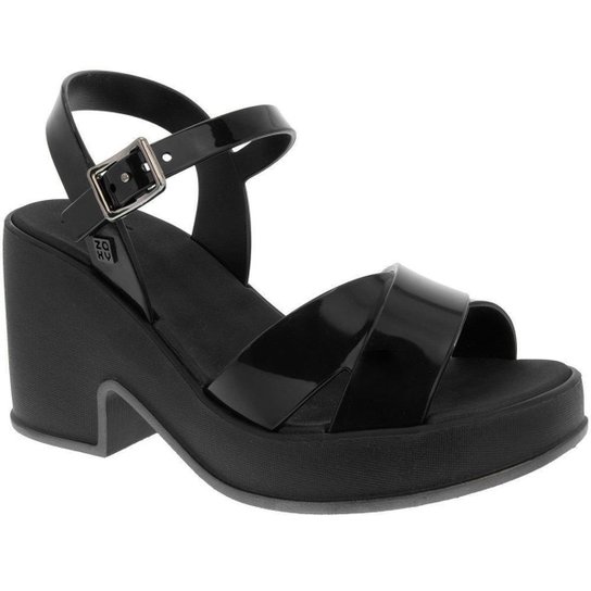 Sandália Zaxy Pop Up Plataforma Tiras Cruzadas Metalizada Preto - Preto ...