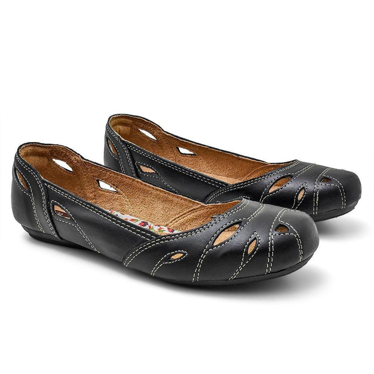 Sapatilha Feminina Couro Bico Redondo Tiras Moderna Conforto - Preto ...