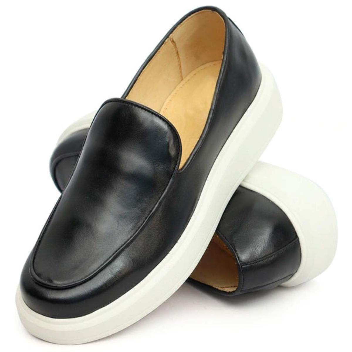 Sapato Loafer Mocassim Premium Couro Nobre Confort Sola Alta - Preto ...