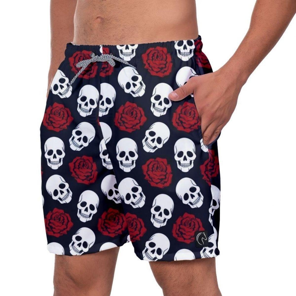 Short Samba Canção Caveira e Rosas Verão Academia Praia Moda - Preto ...