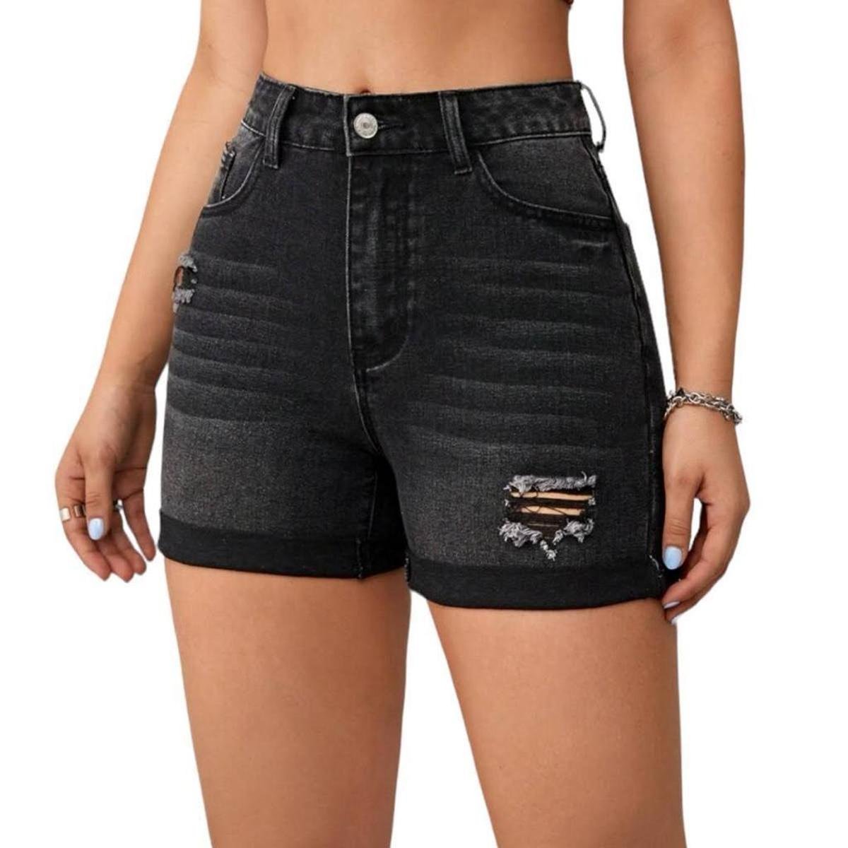 Shorts Jeans Rasgado Feminino Casual Elastano Slim - Preto | Netshoes