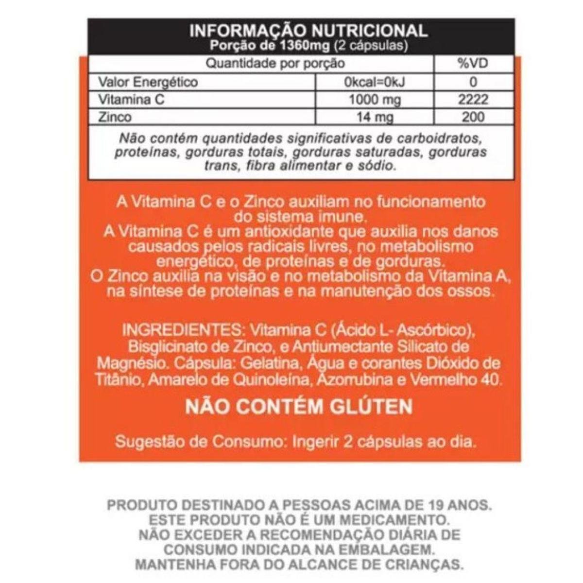 Suplemento Em Capsula Vitamina C 500mg Com Zinco 7mg 60 Caps - Branco ...