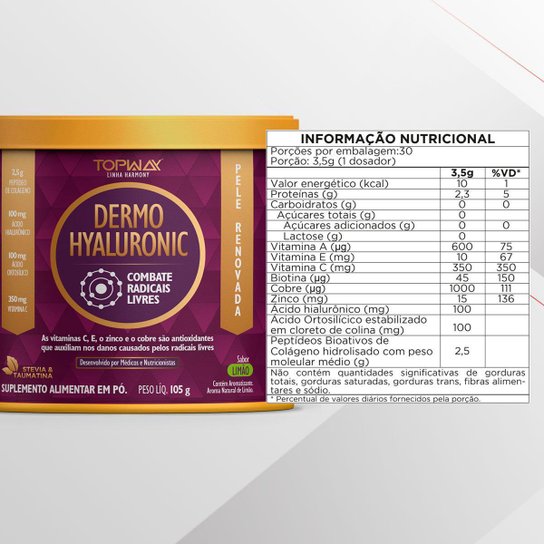 Suplemento Para Pele Dermo Com Ácido Hialurônico 105G Topway ...
