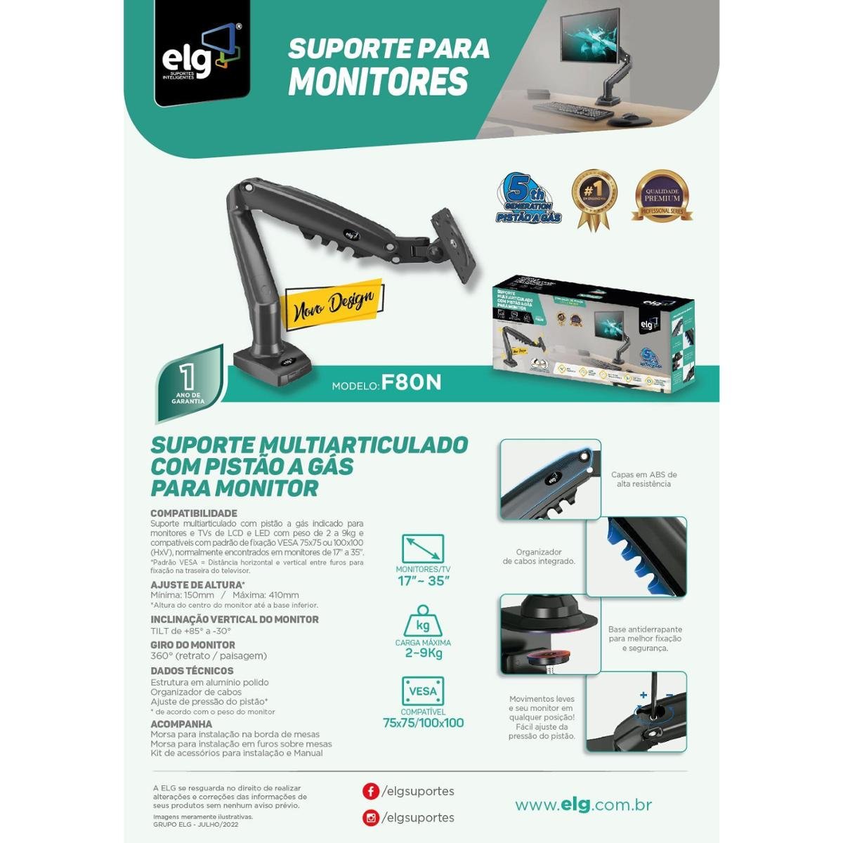 Suporte ELG Articulado de Mesa com Pistão a Gás Para Monitores de 17" a ...