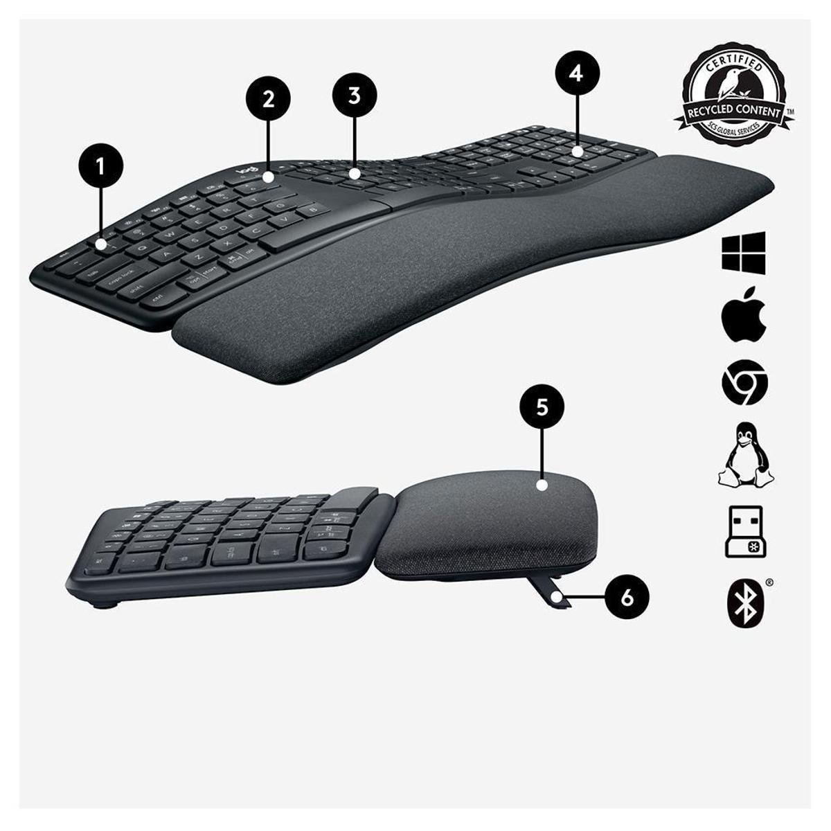 Teclado Sem fio Logitech ERGO K860 com Layout Dividido, Suporte para ...