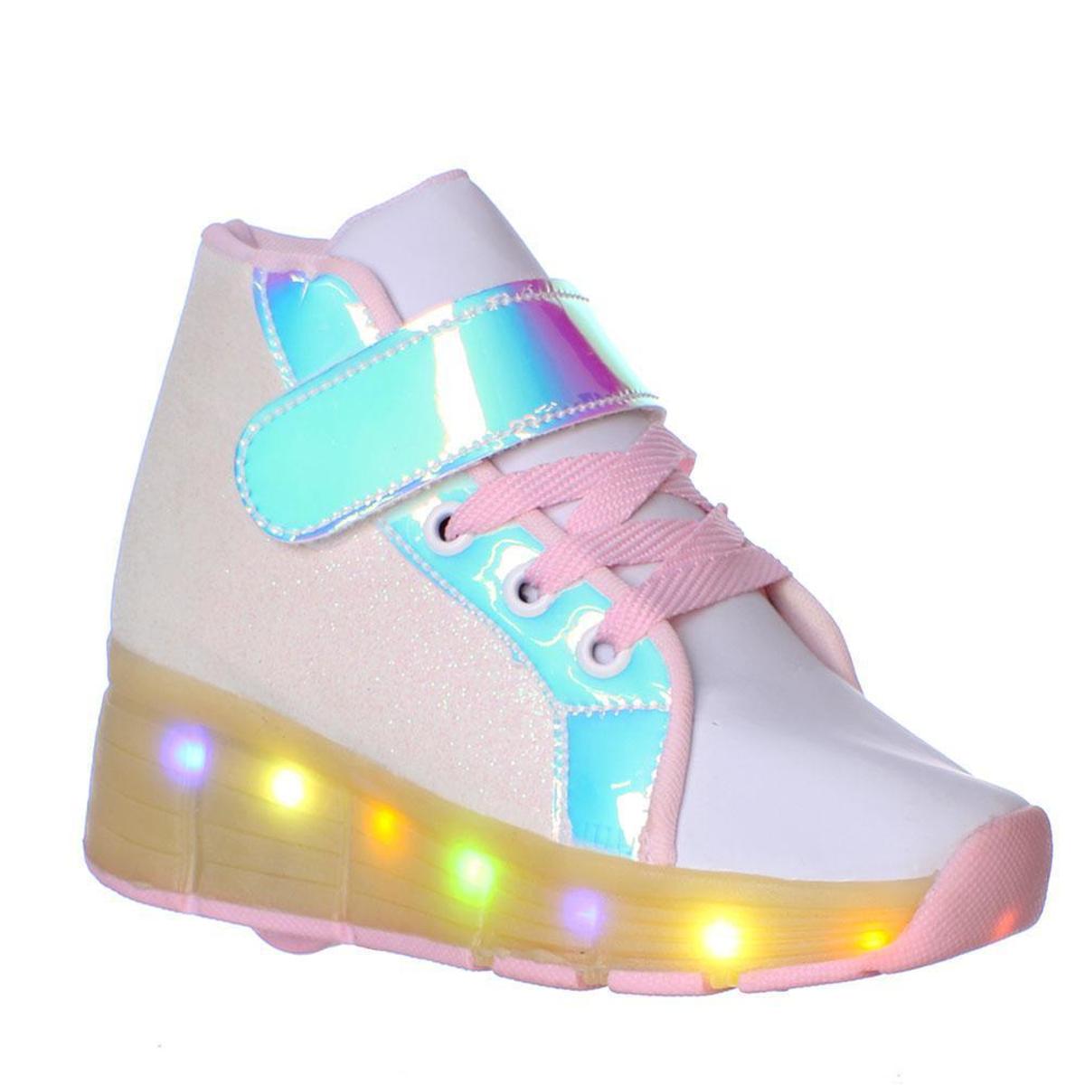 Tênis De Rodinha Com Luzinha Led Luz Pisca Infantil Feminino Branco ...