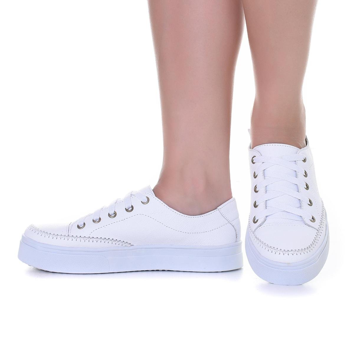 Tênis Feminino Casual Branco de couro Ajuste Cadarço - Izabela Araújo ...