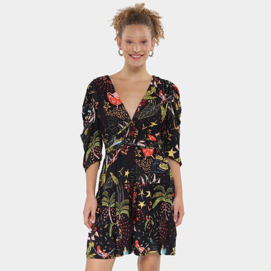 Vestido Farm Curto Carnaval das Águas - Preto | Netshoes