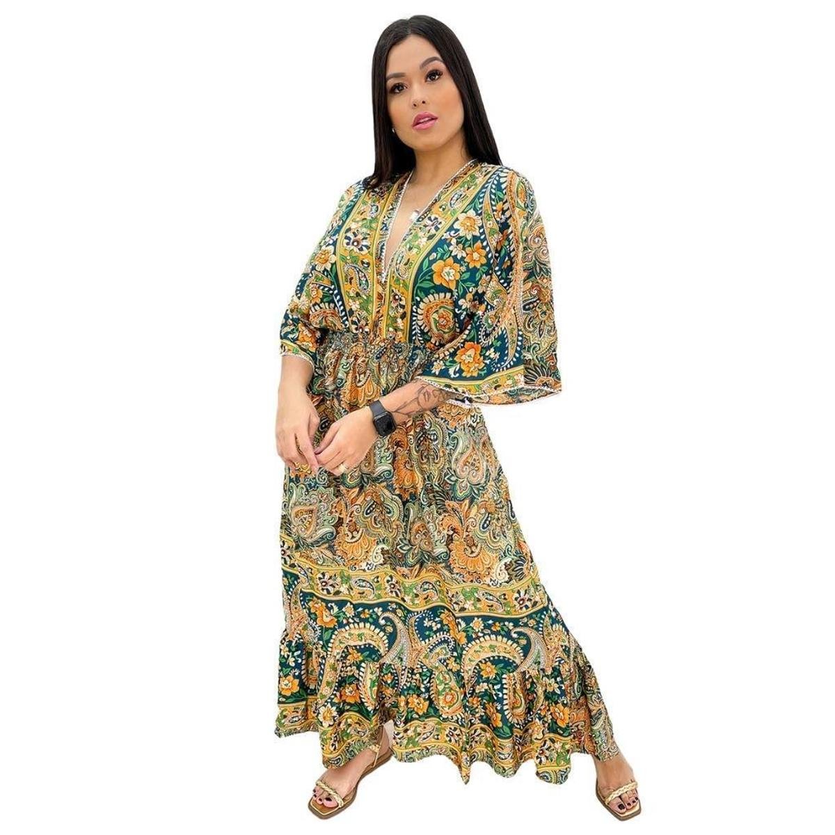 Vestido Indiano Longo Seda Manga Oriental Moda Boho Linha Elegance ...