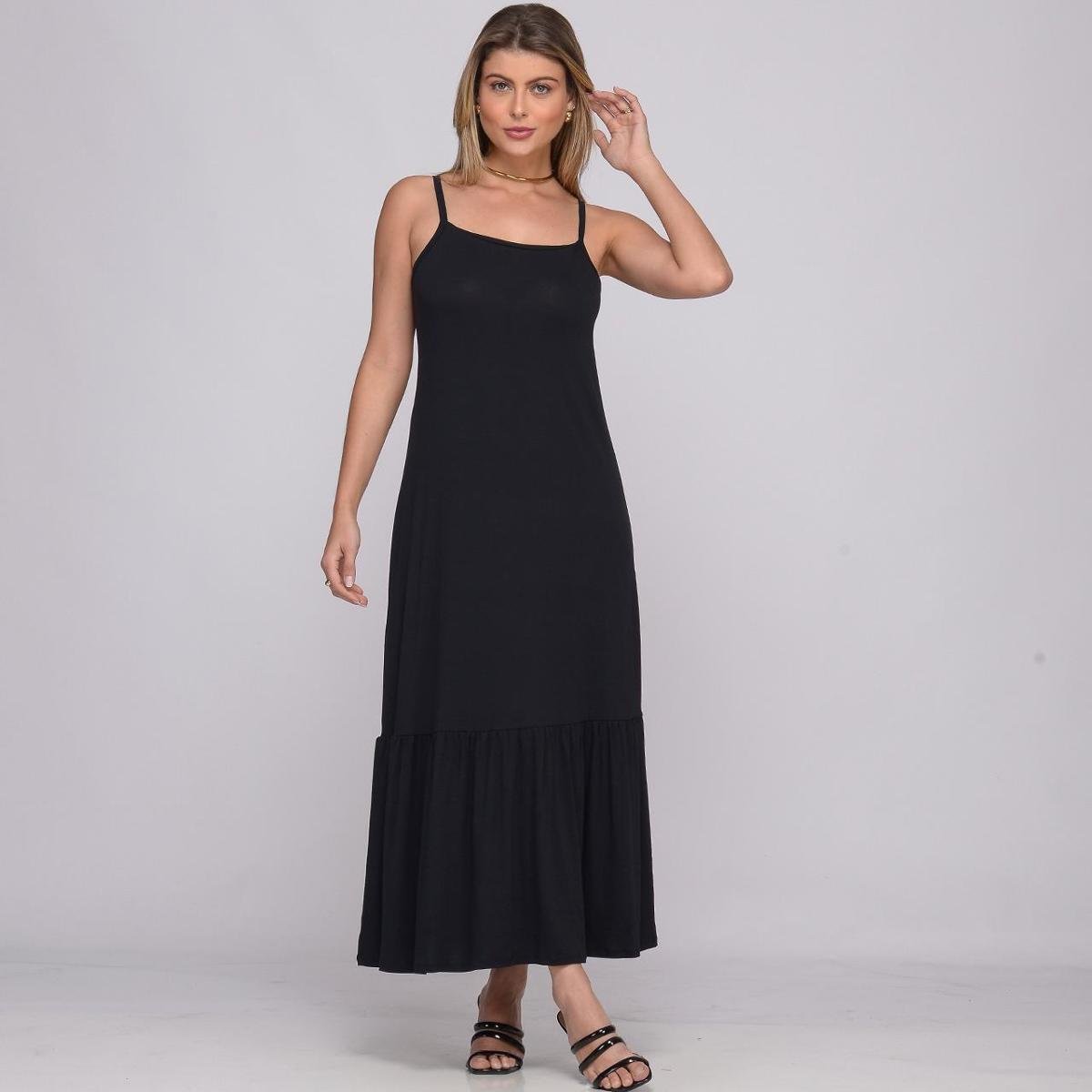 Vestido Longo de Alças Finas e Barra Rodada B’Bonnie Muriel - Preto ...