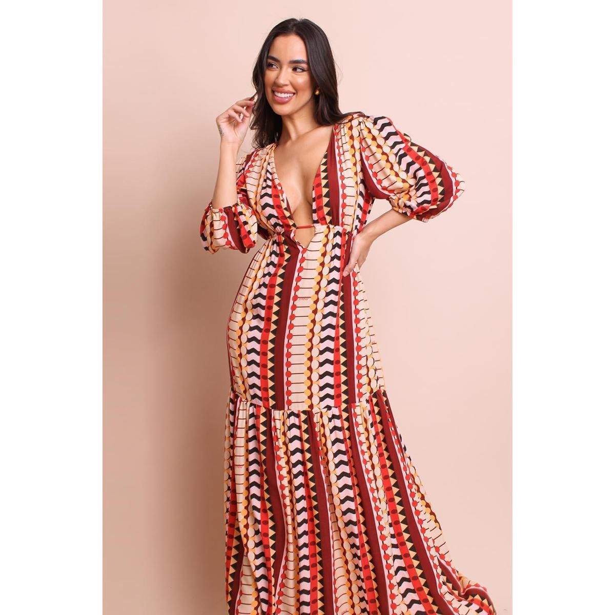 Vestido Longo Decote V Profundo Manga 3/4 Estampado Pequiá - Bege ...