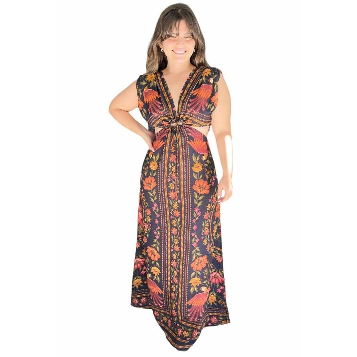 Vestido Longo Farm Estampado Delicadeza De Arara P Preto - Preto | Netshoes