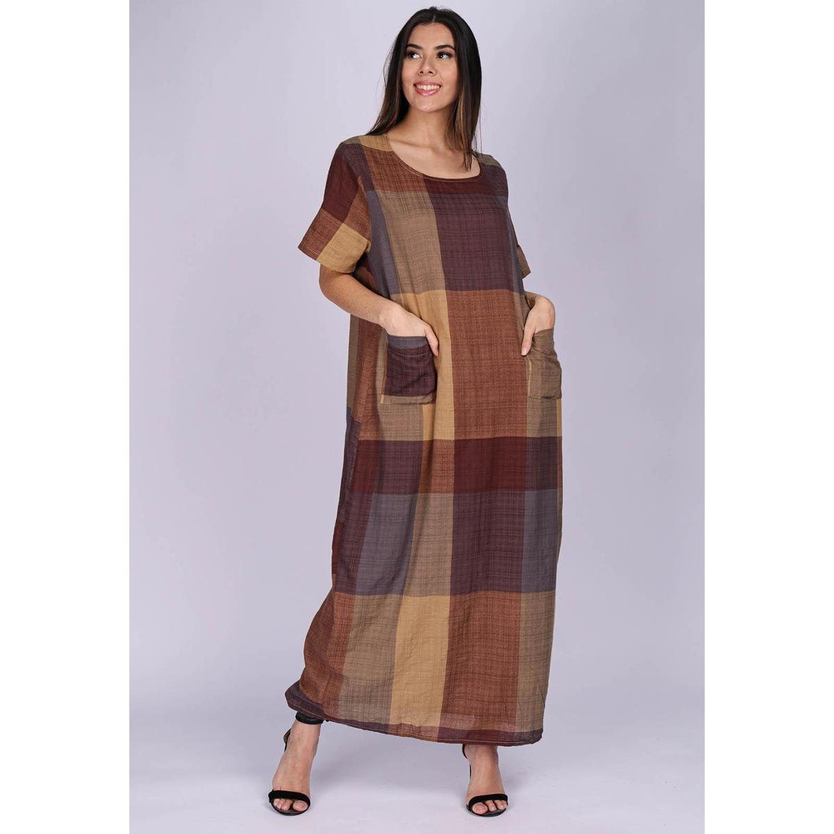Vestido Longo Plano Madras Amplo Marrom - Único - Veste 38 ao 46 ...