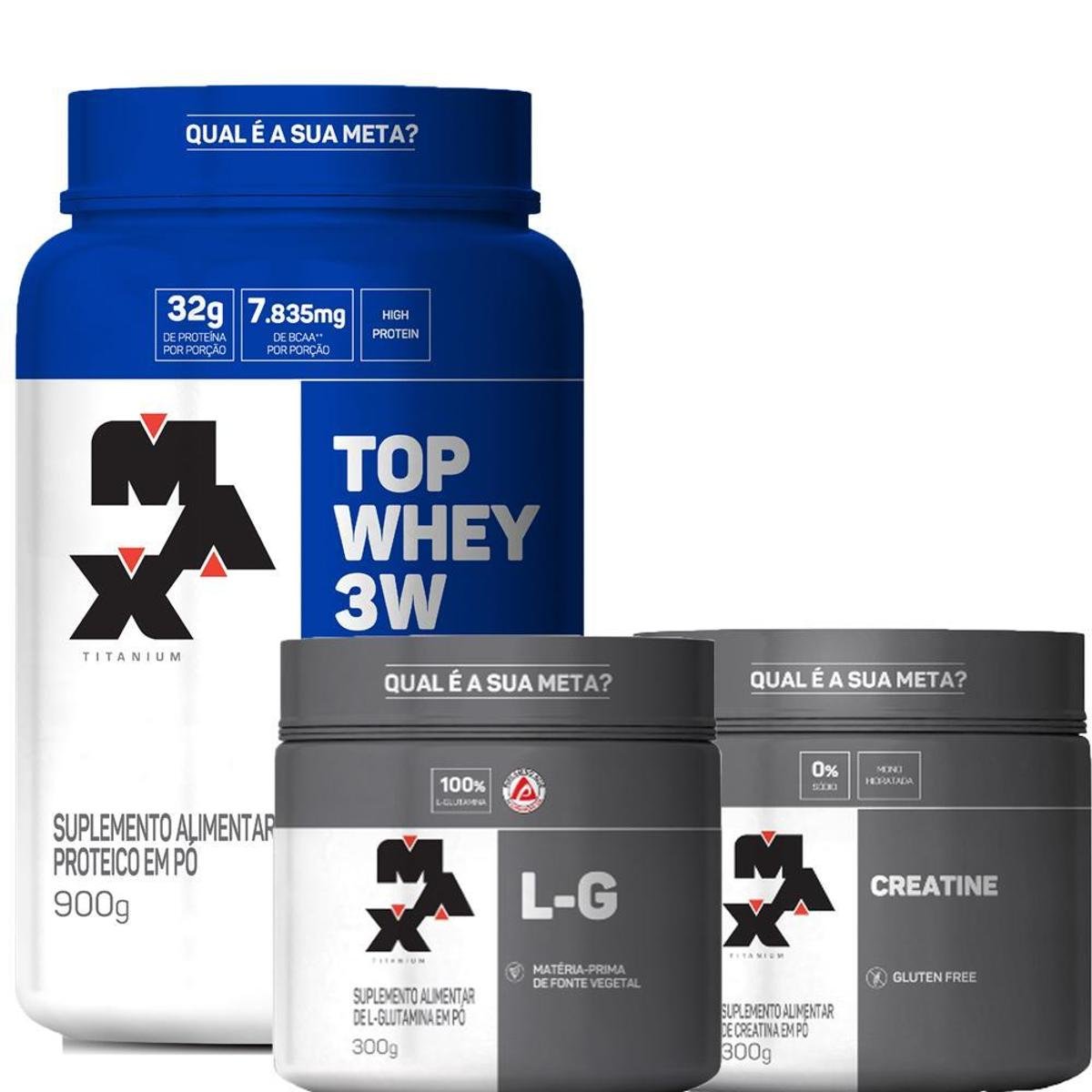 Whey 3w Pote 900g + Creatina 300g + Glutamina 300g Max Titanium - undefined | Netshoes
