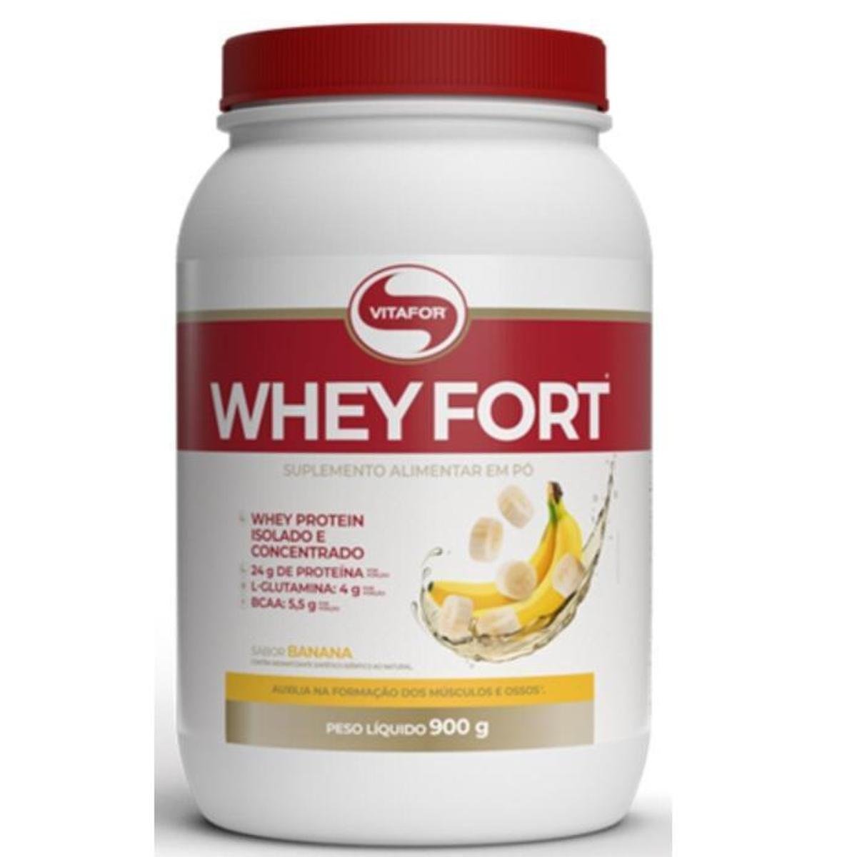 Whey Fort Vitafor 900g Whey Protein Isolado e Concentrado L-Glutamina 4g Bcaa 5,5g - Banana ...